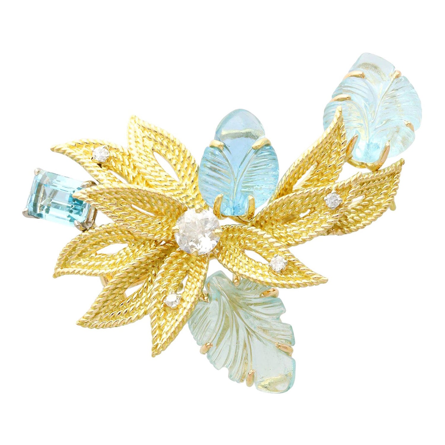 Naomi Sarna Carved Seashell Aquamarine Diamond Gold Brooch For Sale at ...