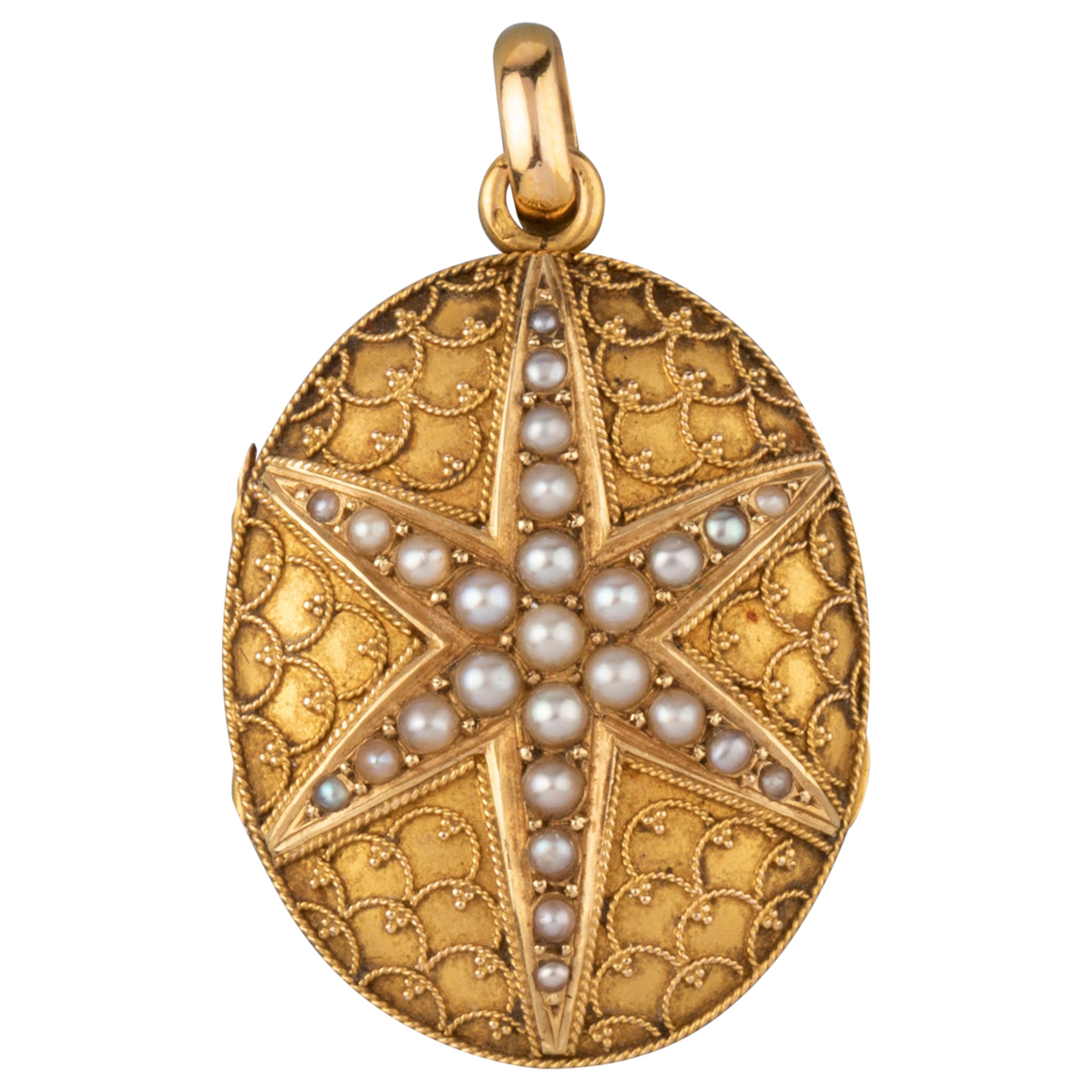 Antique French Gold Locket with Turquoise and Pearl Accents at 1stDibs