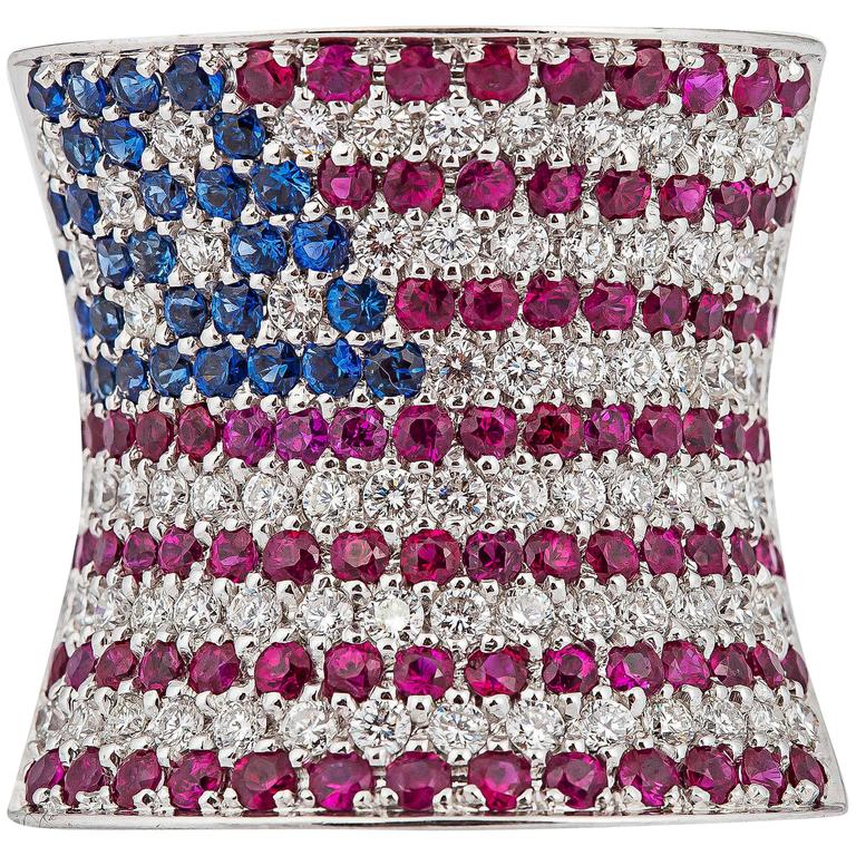 18k Italian ruby sapphire diamond gold USA Flag Ring For Sale at 1stDibs
