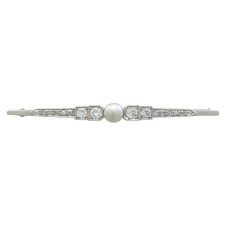 Vintage 1960s Pearl and 1.45 Carat Diamond White Gold Bar Brooch For ...