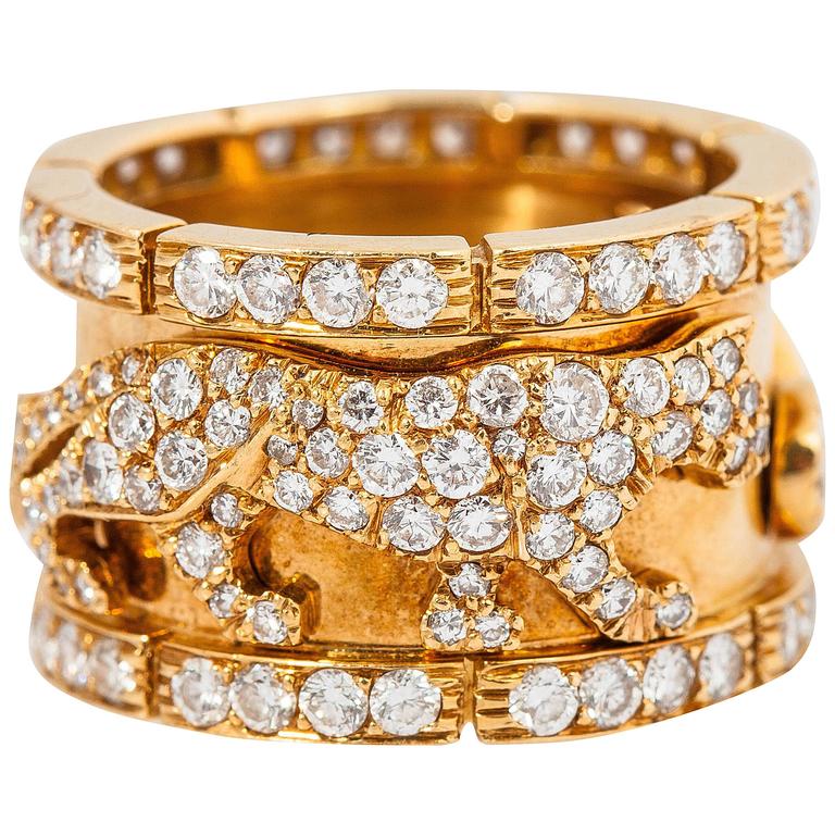 Cartier diamond gold walking panther ring For Sale at 1stdibs