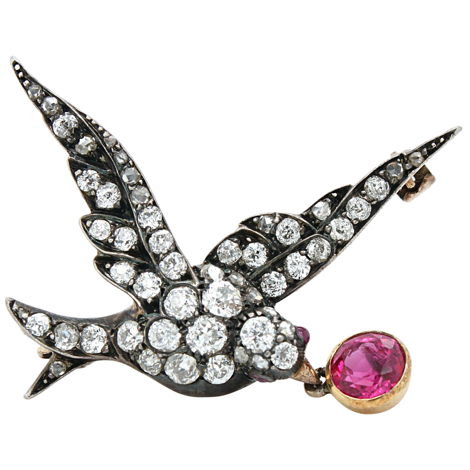 Victorian Carved Pink Coral And Diamond Dove Brooch at 1stDibs