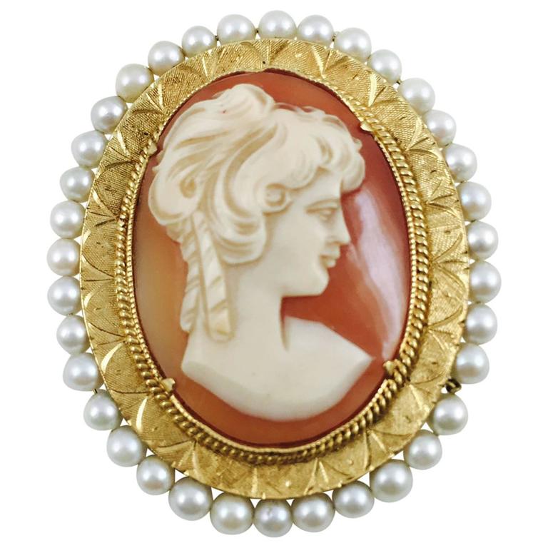 Italian Shell Cameo Pearl gold Frame brooch pendant at 1stDibs