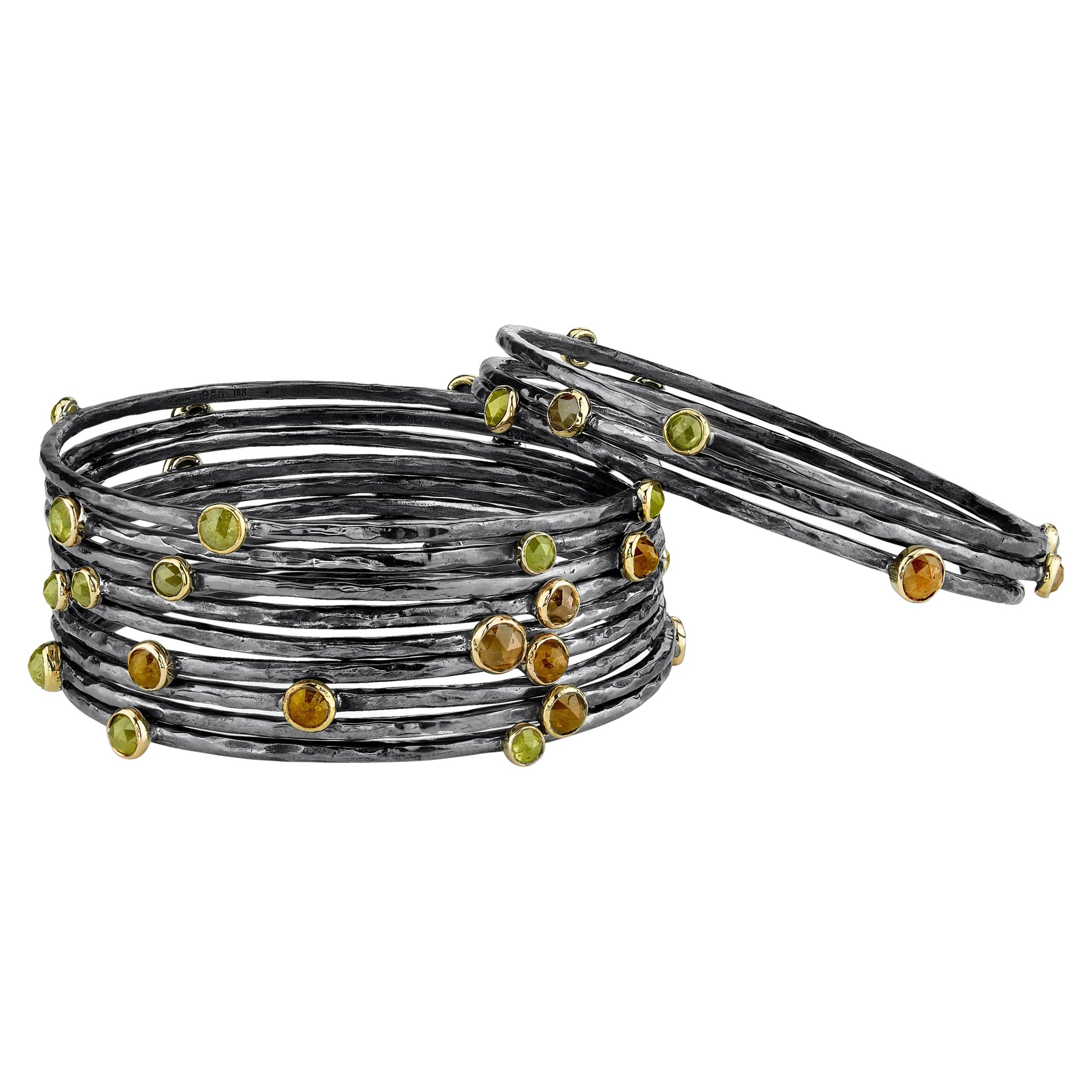 Organic Silver and 18 Karat Yellow Gold Rustic Diamond Bangles For Sale ...