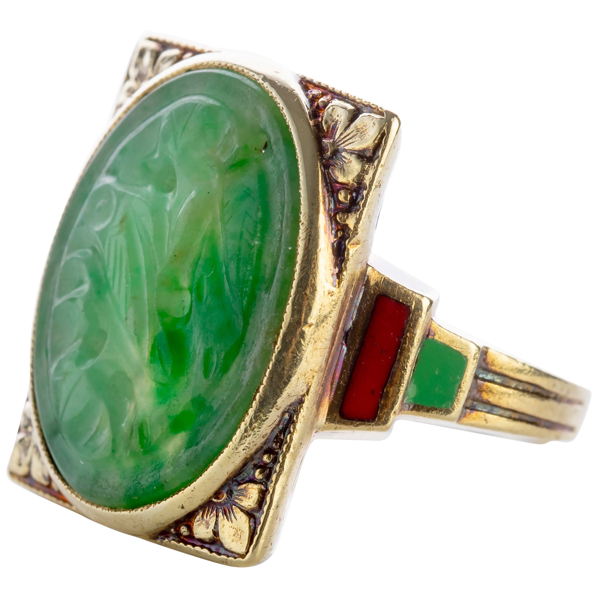 Antique Carved Jadeite Ring in Silver at 1stDibs