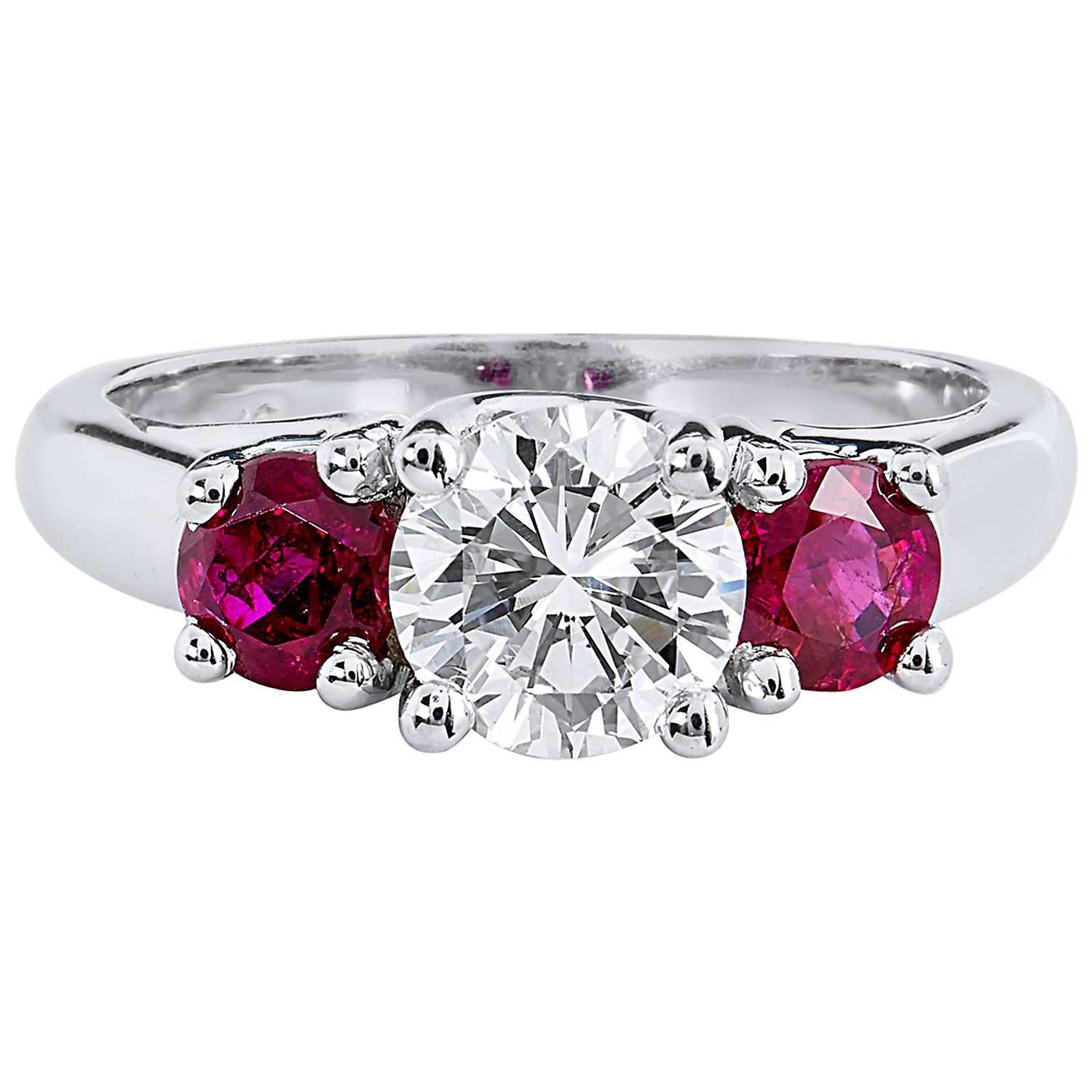 GIA Certified Diamond and Burma Ruby Three Stone Ring For Sale at 1stdibs