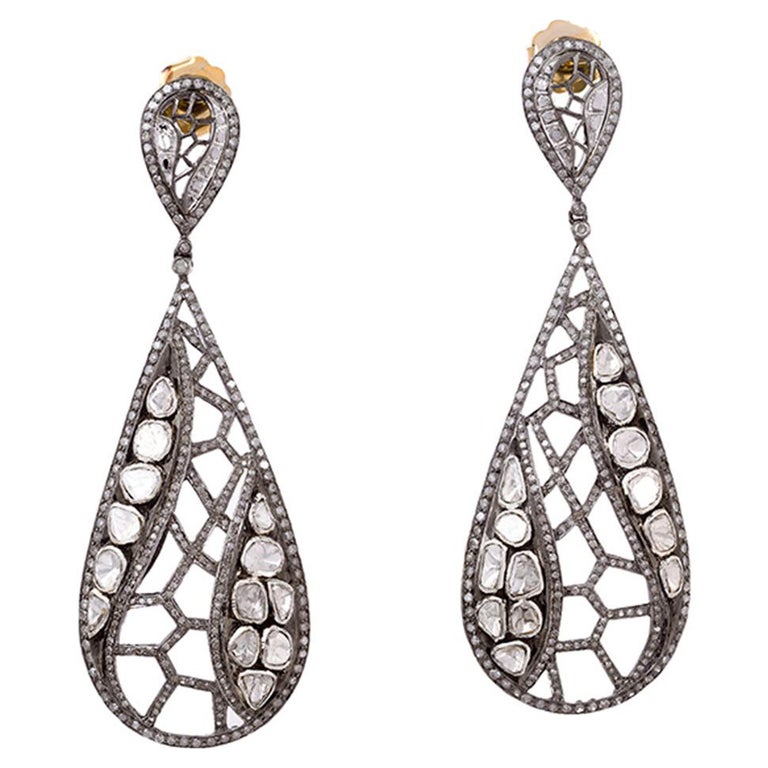Tear Drop Shape Dangle Earring with Pave Diamond Set For Sale at 1stDibs