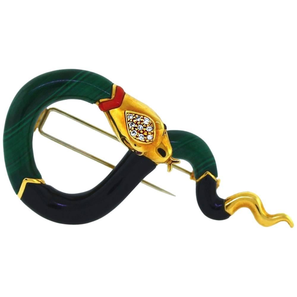 1970s Colored Gems Diamond Gold Snake Pin at 1stDibs