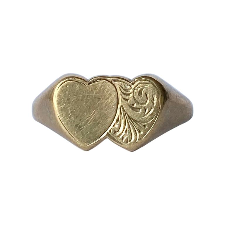 Vintage 9 Carat Gold Double Heart Signet Ring at 1stDibs