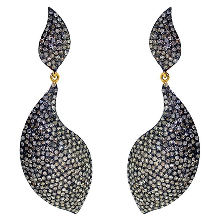 Flame Shaped Dangle Earrings with Pave Diamonds Made in 14k Gold and ...