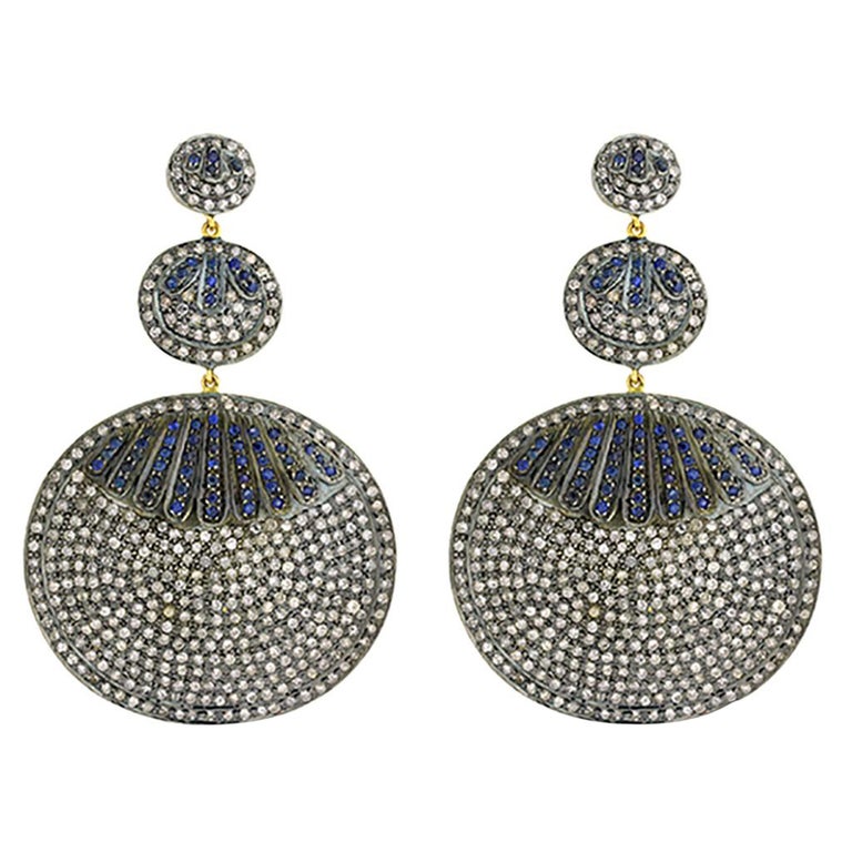 Triple Tier Pave Diamonds Earrings with Sapphires Made in 14k Gold and ...