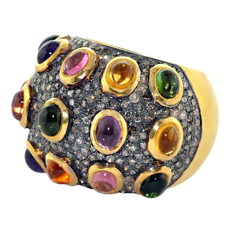 Designer Ornamental Style Ring with Multi Tourmaline and Diamonds Made ...