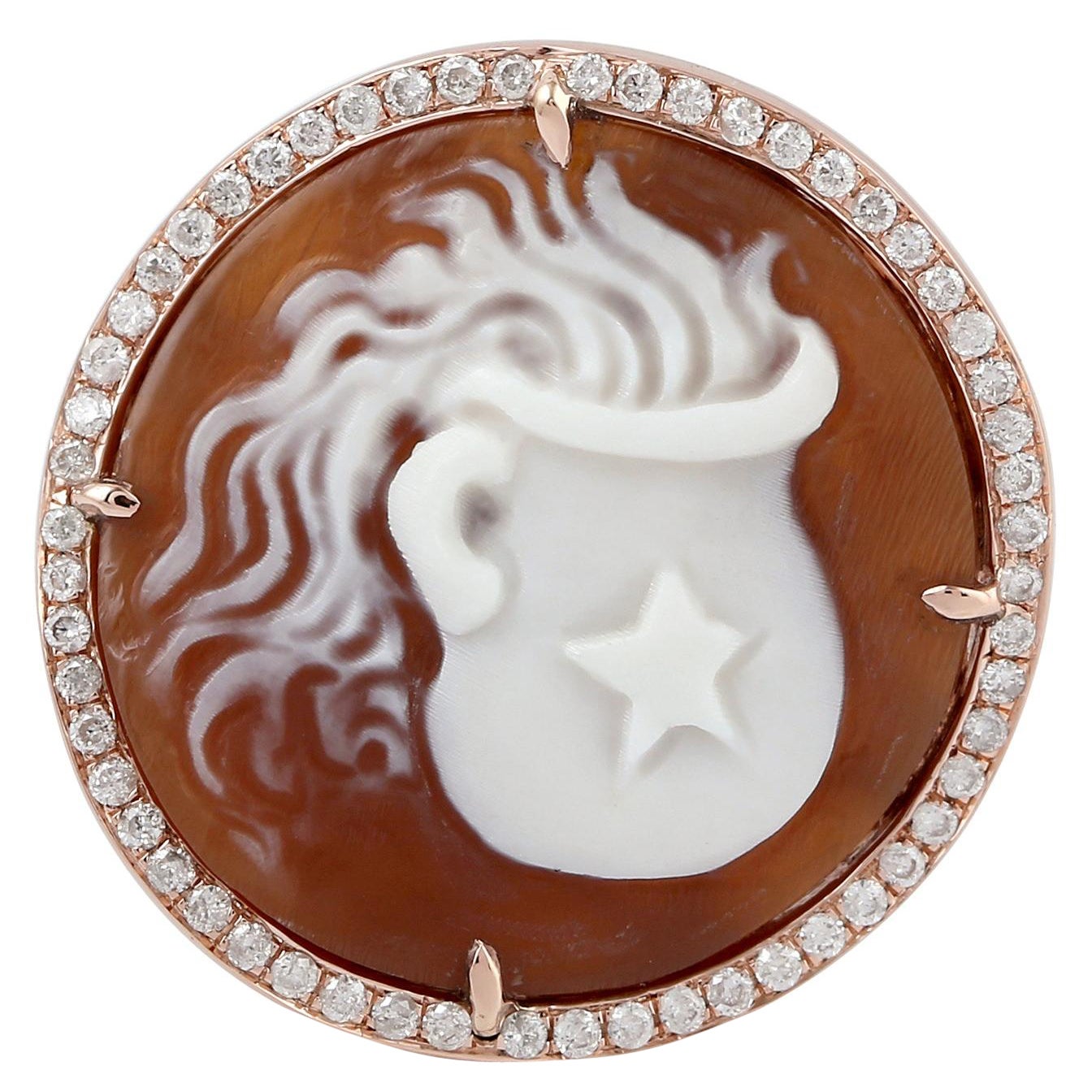 Carved Bovine Shaped Shell Cameo Round Ring with Pave Diamonds Made in ...