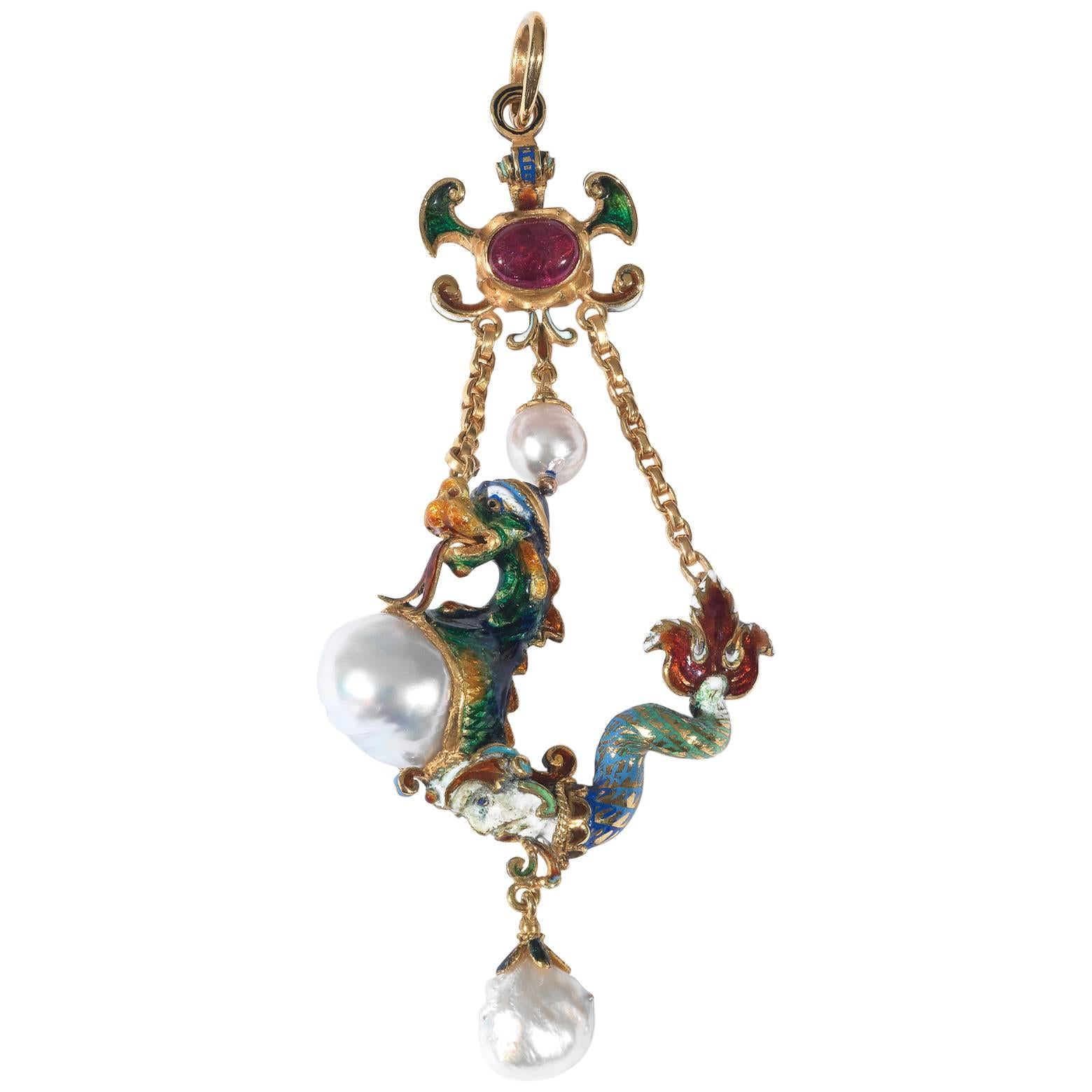 Renaissance Revival Enamel Pearl Ruby Sapphire Pendant at 1stDibs
