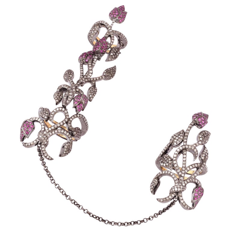 Leaf Design Two Finger Long Ring with Ruby and Pave Diamonds Made in ...