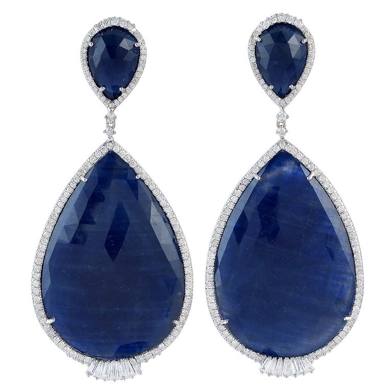 Pear Shaped Sliced Blue Sapphire Earring with Diamonds Made in 18k Gold ...