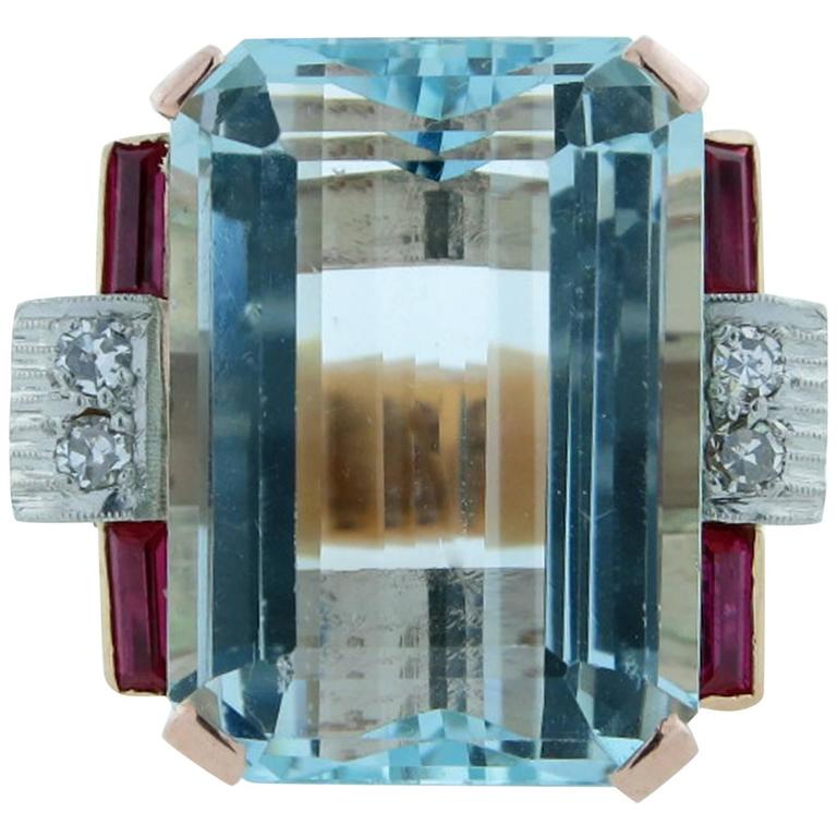 Aquamarine Ruby and Diamond Ring at 1stDibs