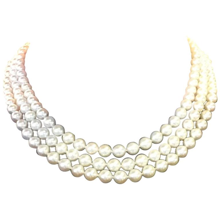 Triple Strand Pearl Necklace with gold clasp at 1stDibs | three strand ...