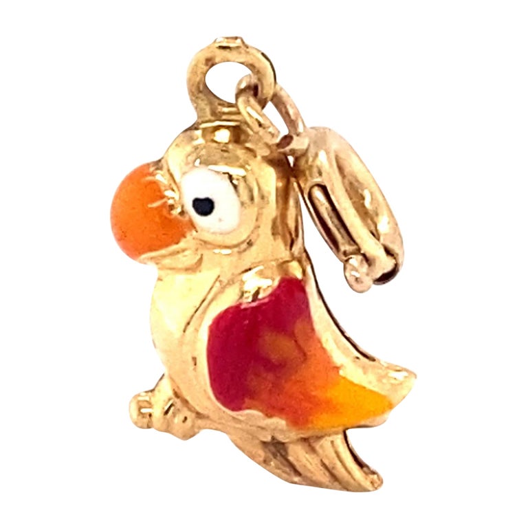 Enamel Parrot Pendant Charm in 14 Karat Yellow Gold For Sale at 1stDibs