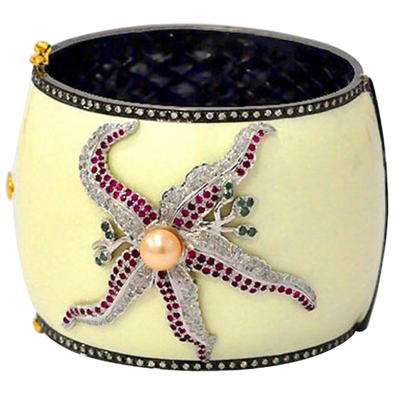Enamel Bangle with Multi Gemstone Surrounded by Pave Diamond in Star ...