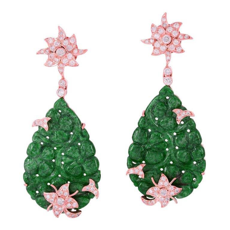 Carved Jade Earring in Flower Pattern with Diamonds Made in 18k Rose ...