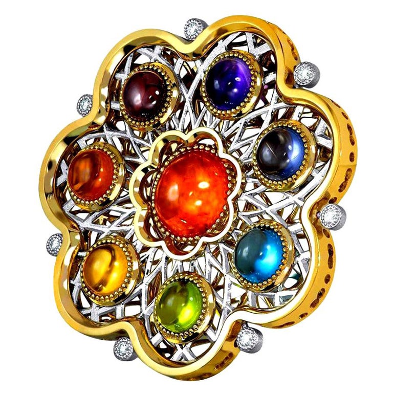 Diamond Garnet Ruby Peridot Topaz Citrine Iolite Amethyst Gold Brooch ...