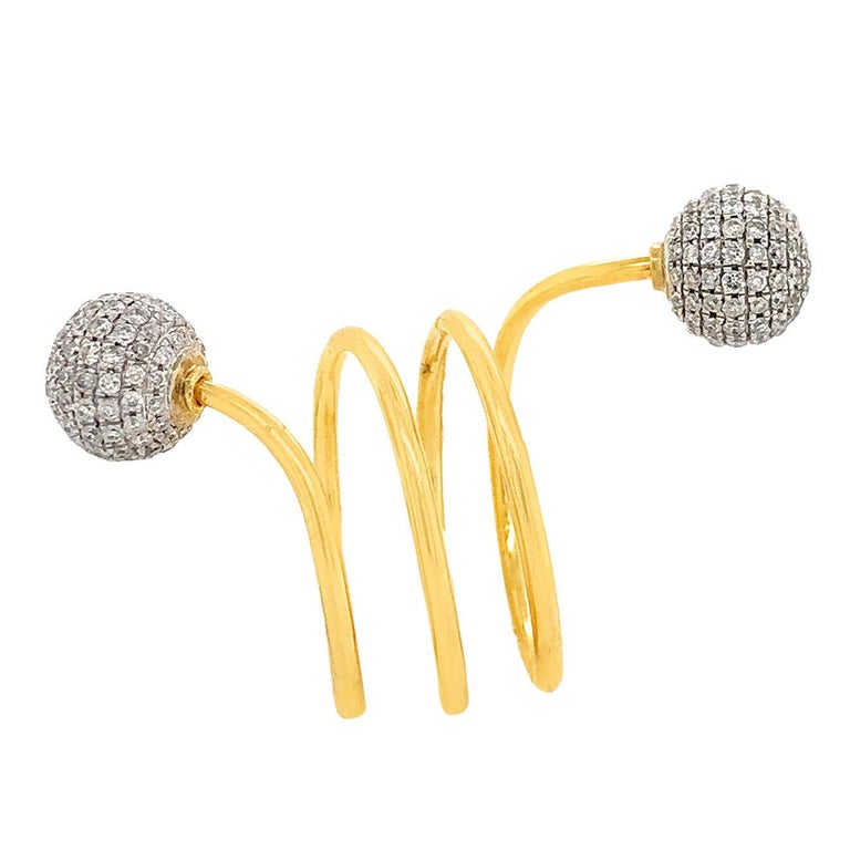 Swirl Shaped Ring with Pave Diamonds Ball Made in 18k Yellow Gold For ...