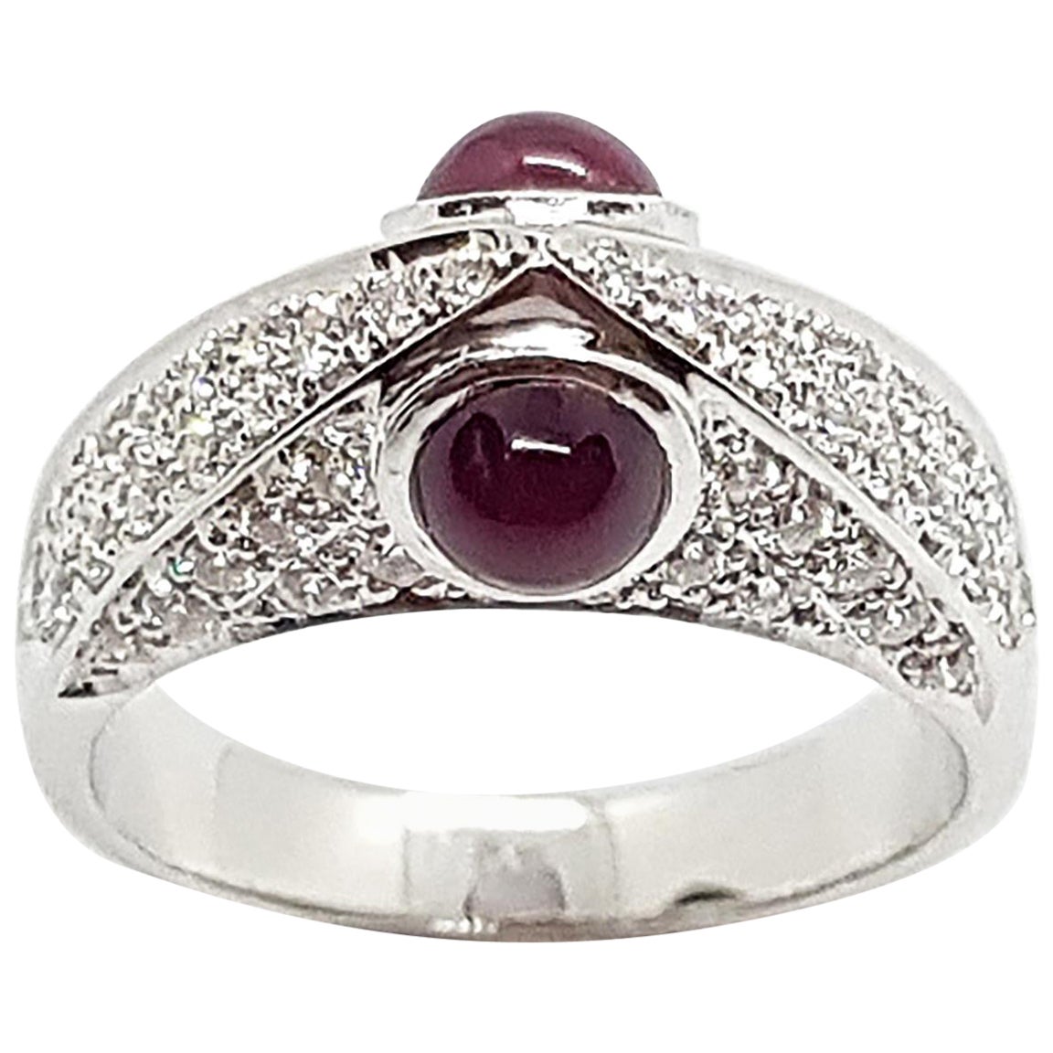 Cabochon Emerald with Cabochon Ruby Ring Set in 18 Karat White Gold ...