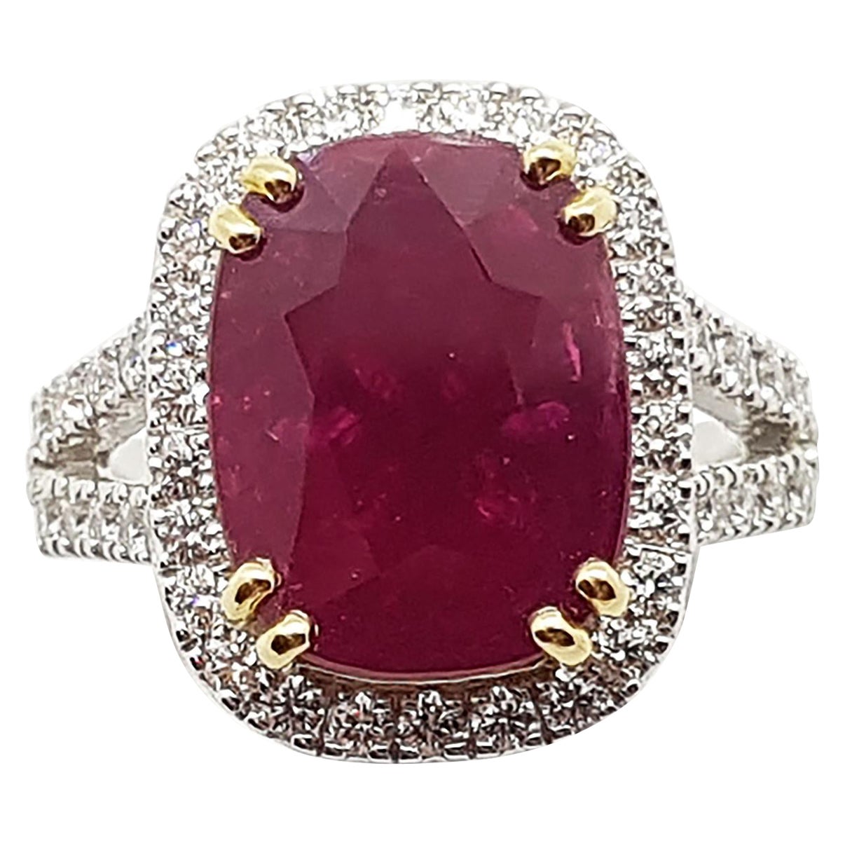 Ruby with Diamond Flower Motif Ring Set in 18 Karat White Gold Settings ...