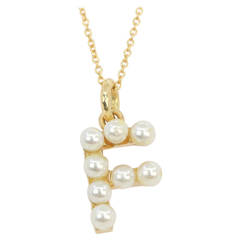 14K Gold and Pearl Initial Letter F Necklace For Sale at 1stDibs
