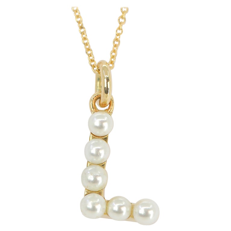 14K Gold and Pearl Initial Letter 'L' Necklace For Sale at 1stDibs