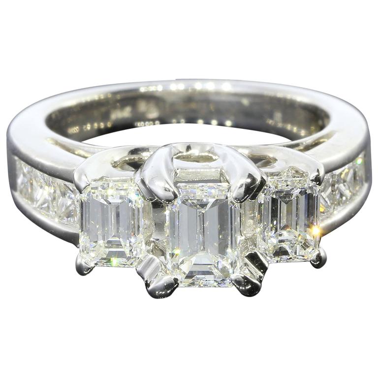 Three-Stone Emerald Cut Diamond Gold Engagement Ring For Sale at 1stDibs