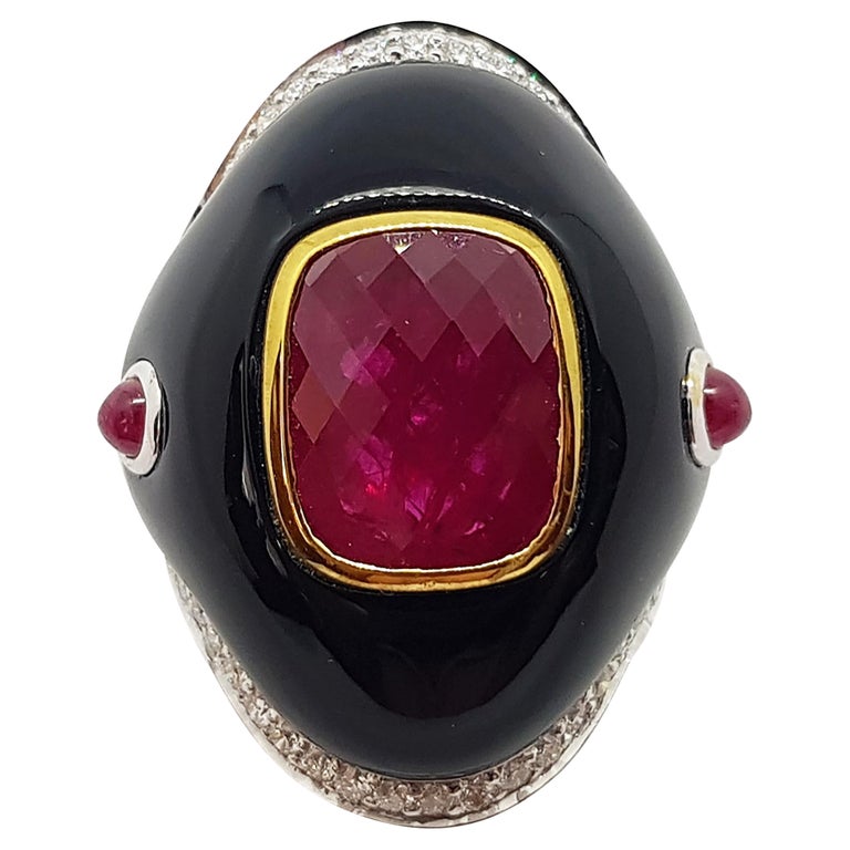 Ruby, Onyx, Cabochon Ruby with Diamond Ring Set in 18 Karat White Gold ...