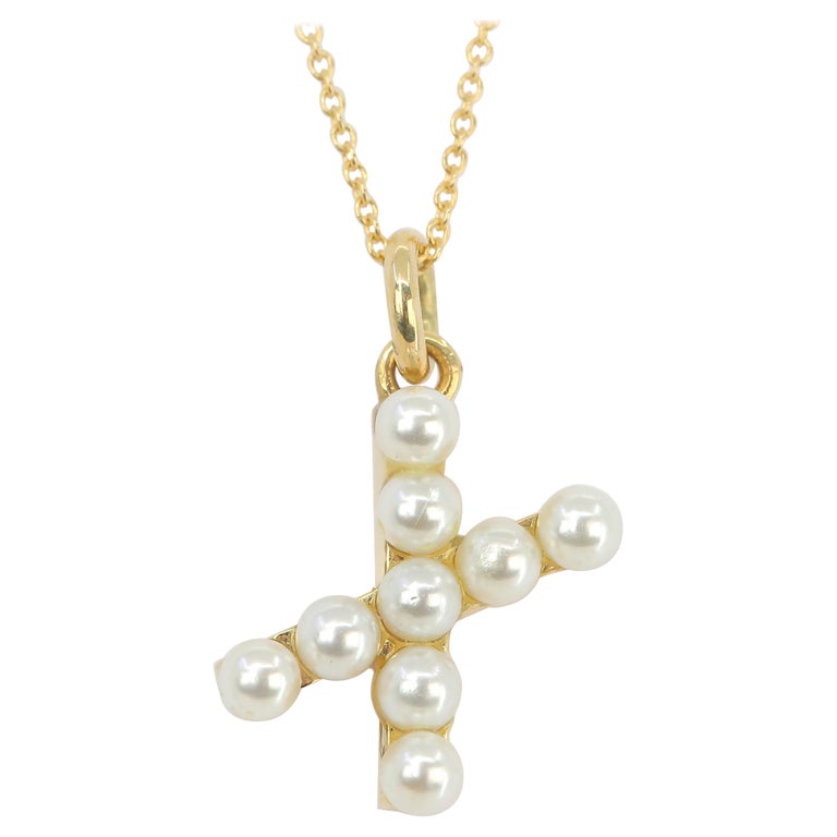 14K Gold and Pearl Initial Letter X Necklace For Sale at 1stDibs