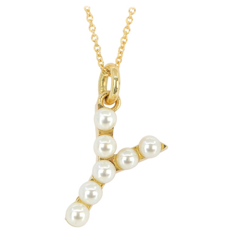 14K Gold and Pearl Initial Letter Y Necklace For Sale at 1stDibs