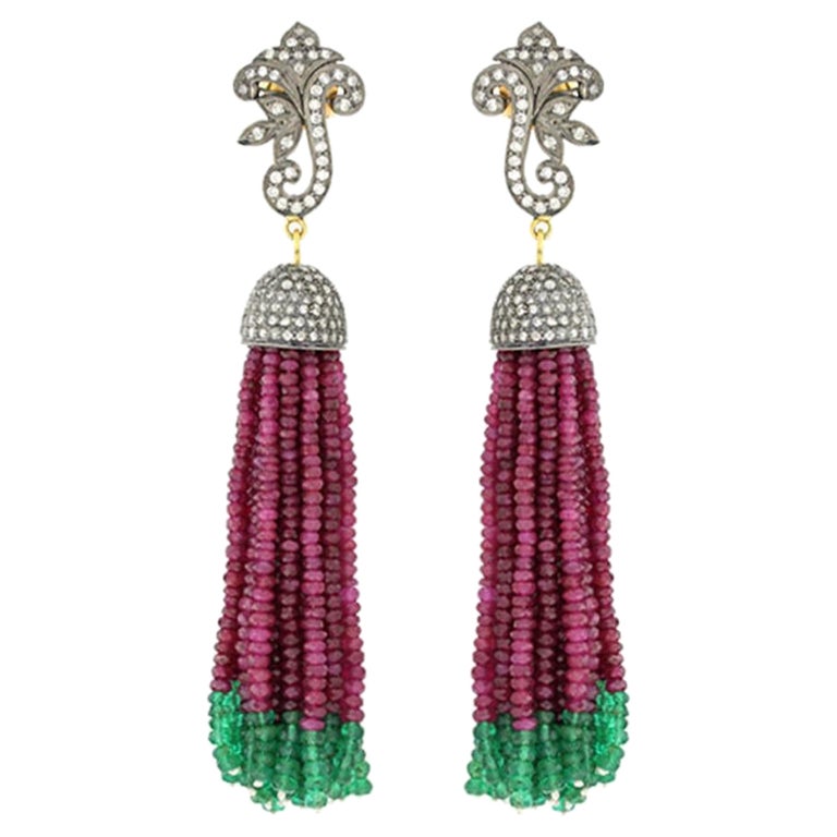Emerald and Ruby Tassel Earrings with Diamonds Made in 18k White Gold ...