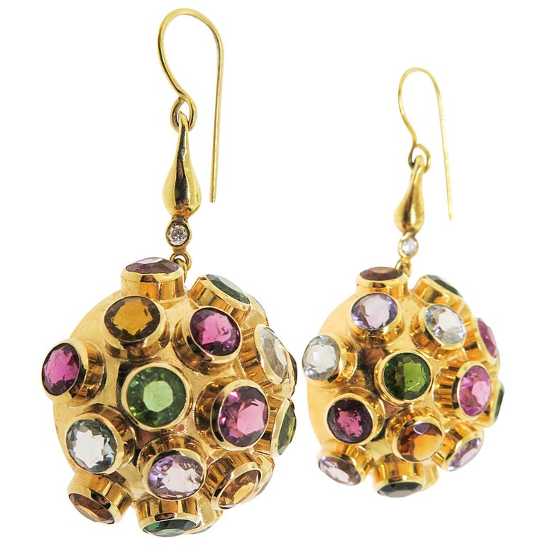 Multicolor Gemstone Diamond Gold Drop Earrings For Sale at 1stDibs