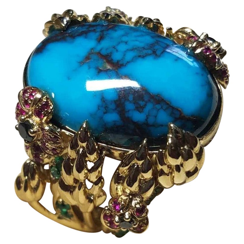 Pure Natural Gem Grade Candelaria Turquoise Ring, 18k Gold with Old ...