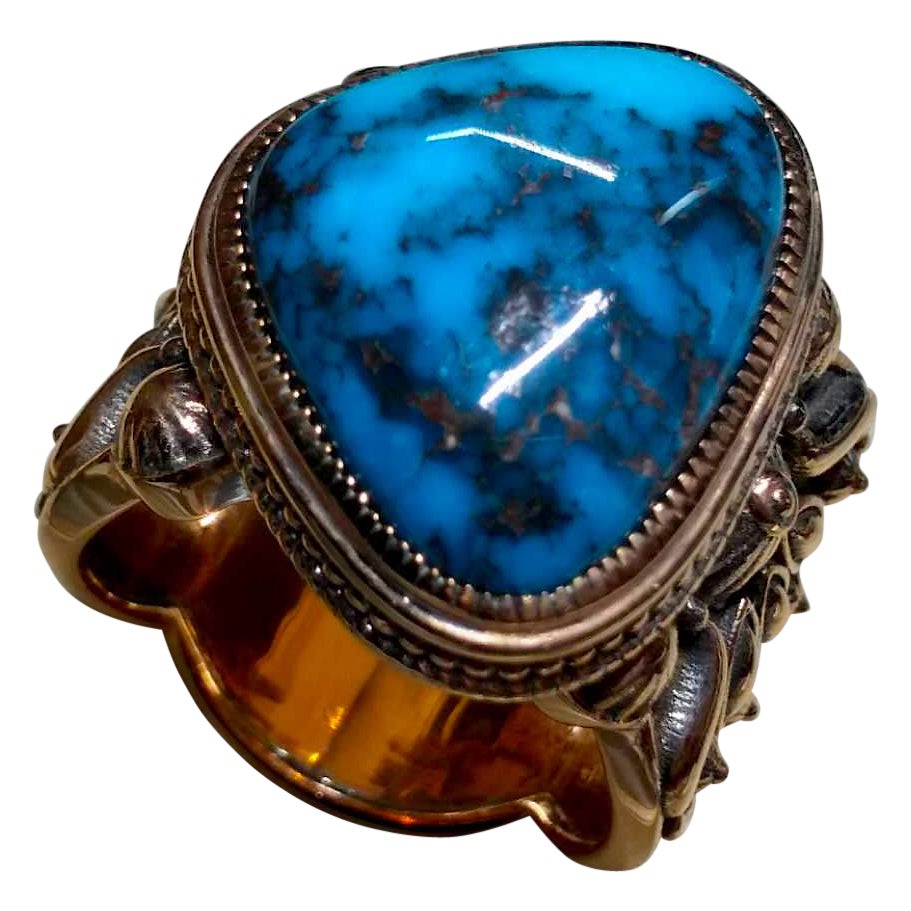 Natural Gem Grade Bisbee Turquoise and Diamond 18K White Gold Cocktail ...