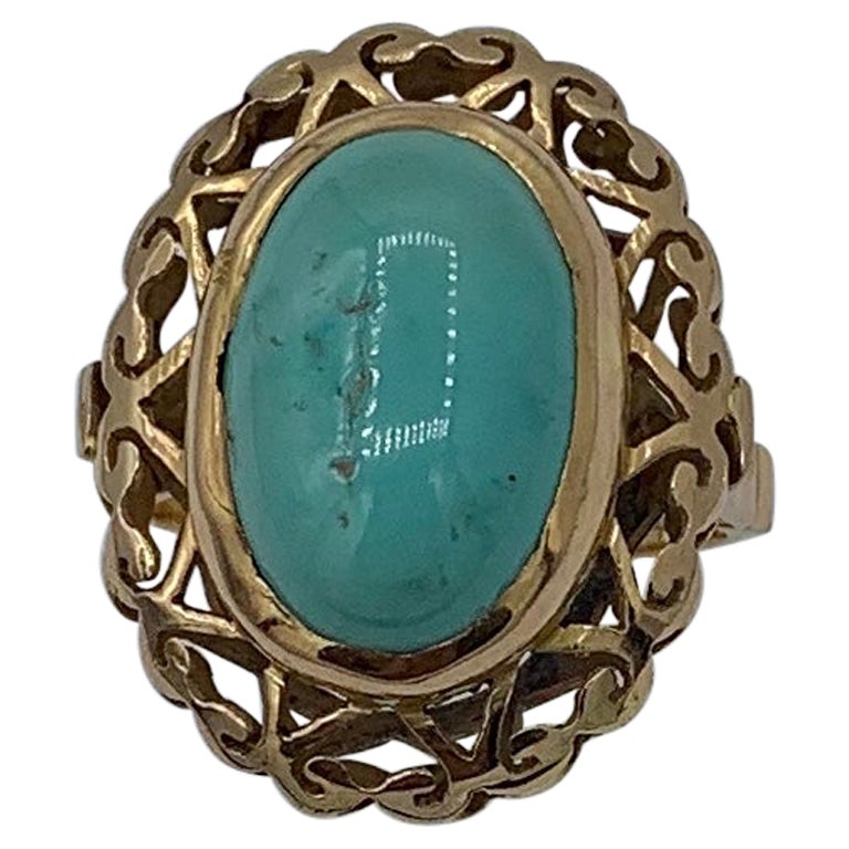 Antique Turquoise Ring Retro Cocktail 18 Karat Yellow Gold For Sale at ...