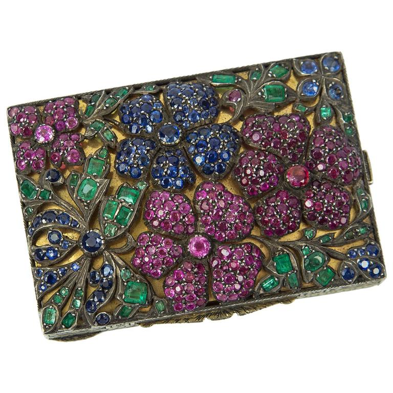 Fabulous 1930s Sapphire Emerald Ruby Silver Vanity Compact Box at 1stDibs