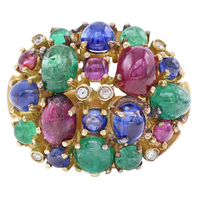 French Retro Ruby Sapphire Emerald Diamond Tutti Frutti 18 Karat Gold Ring For Sale at 1stDibs