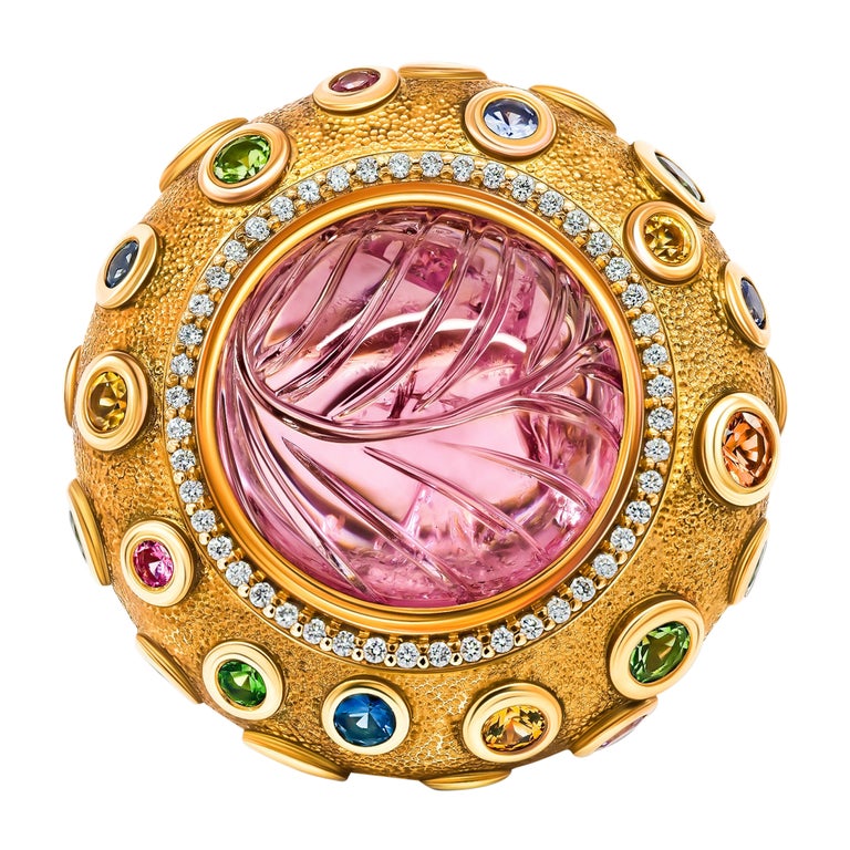 Carving Spinel Ring, 18k Yellow Gold Multi Colour Gems Carving Spinel ...