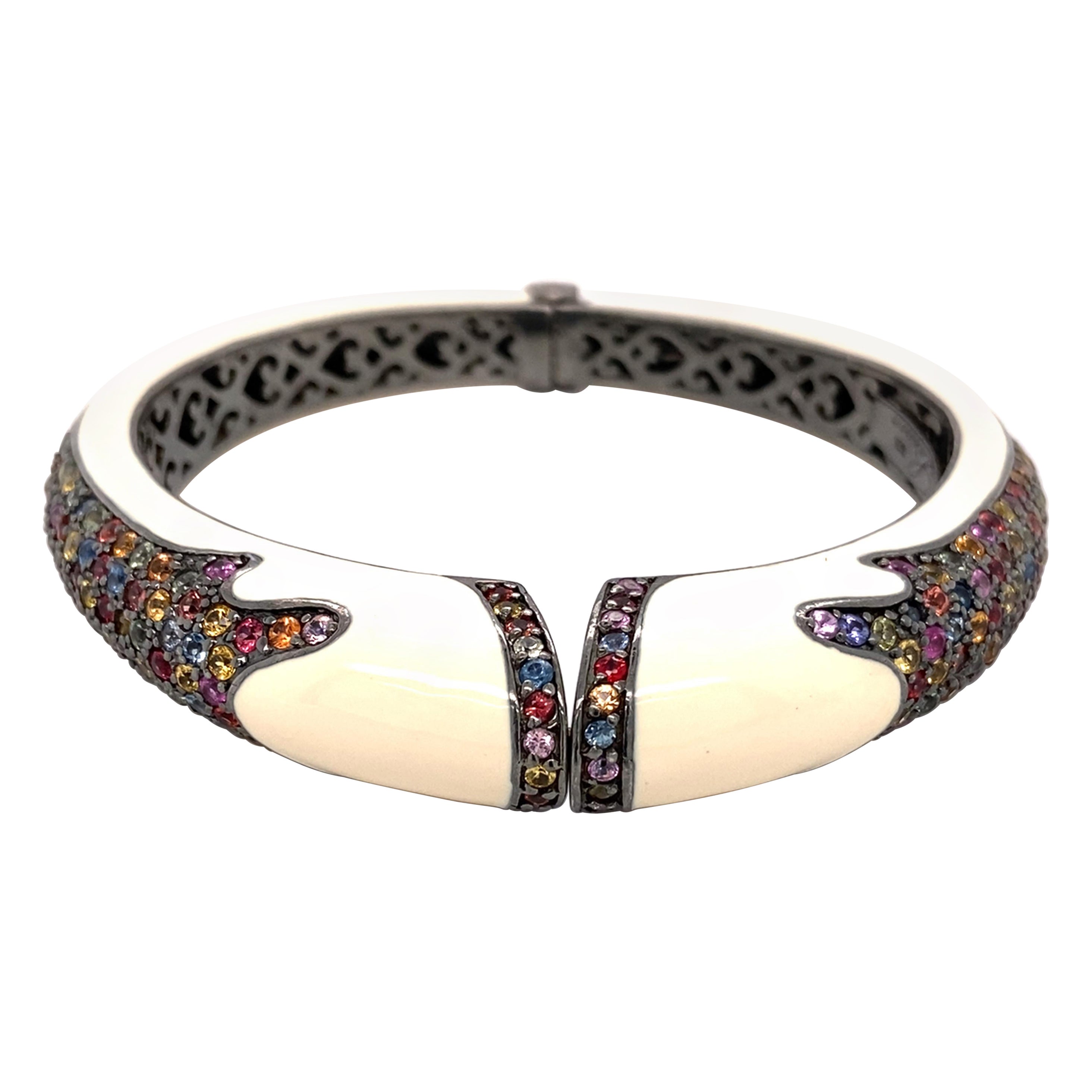 Sterling Silver Multi-Gemstone Bangle Bracelet For Sale at 1stDibs