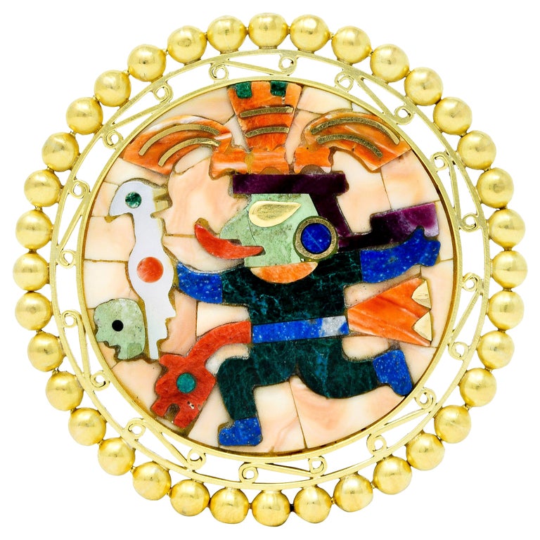 Vintage Inlay 18 Karat Gold Aztec Sun God Pendant Brooch For Sale at ...