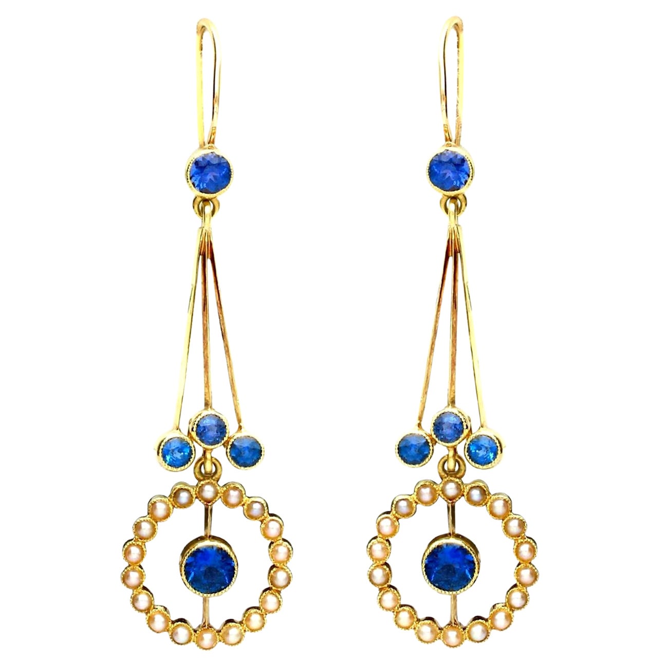 Antique 2.02 Carat Sapphire Seed Pearl Yellow Gold Drop Earrings, circa ...