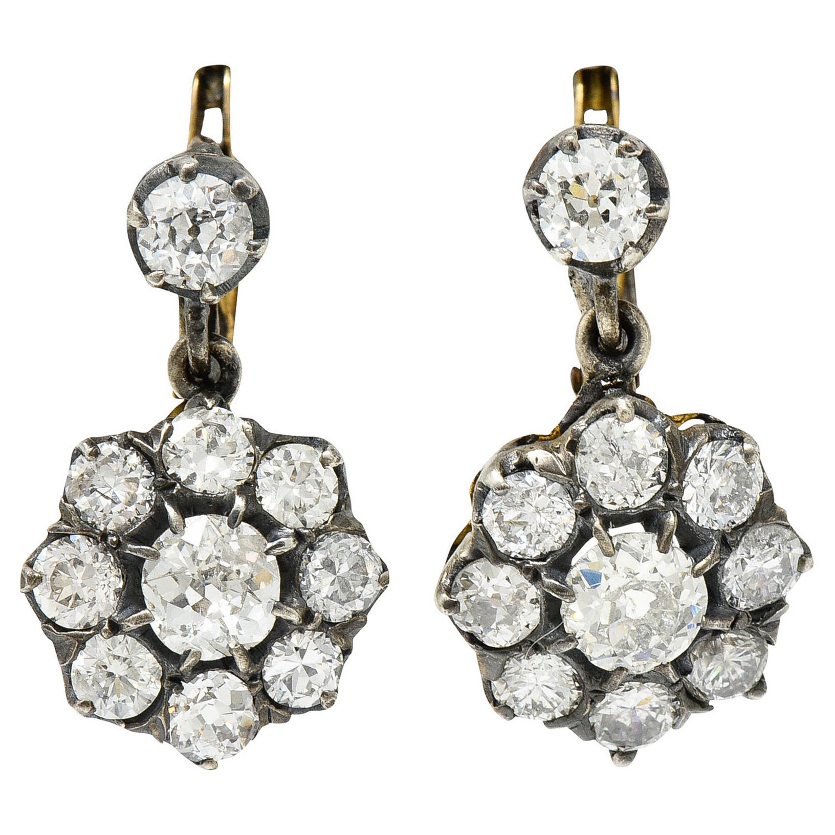 Old European Cut Diamond Silver Gold Drop Earrings For Sale at 1stDibs