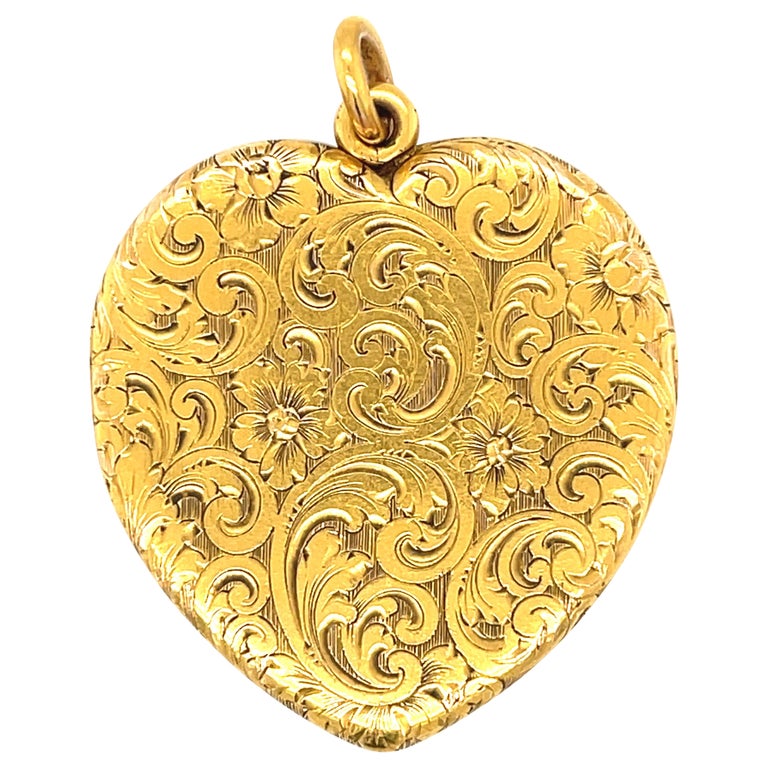 Antique Victorian 14 Karat Engraved Gold Heart Locket Pendant at 1stDibs
