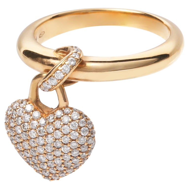 Dangling Heart Charm Pave Diamond 18 Karat Pink Gold Ring at 1stDibs