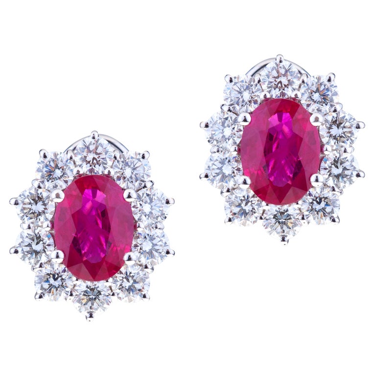 Oval Burma Red Ruby with Round Diamonds White Gold Earrings For Sale at ...